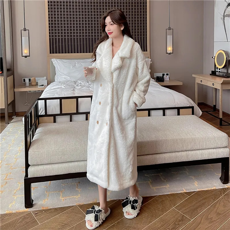 Winter-Fleece-Flannel-Cardigan-Pajama-Single-Breasting-Women-Warm-Sleep ...