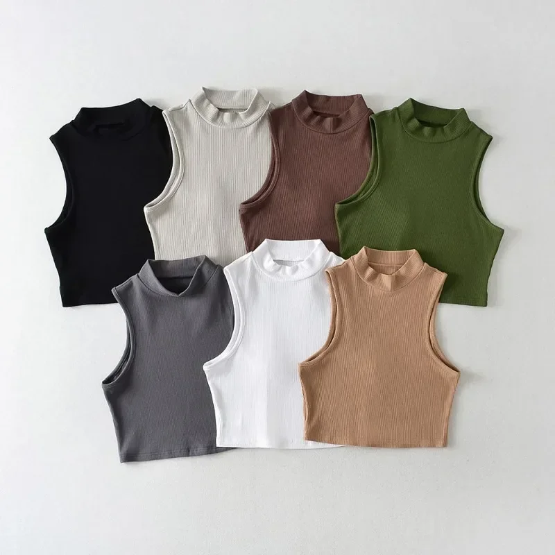 Summer Black Women Fashion Crop Top High Neck White Sleeveless Tank ...