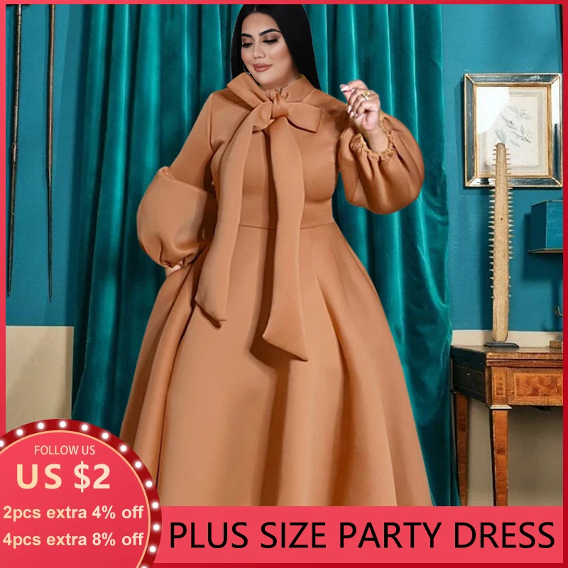 Women-s-Plus-Size-Dresses-V-Neck-Tie-Bow-Balloon-Sleeve-High-Waist ...
