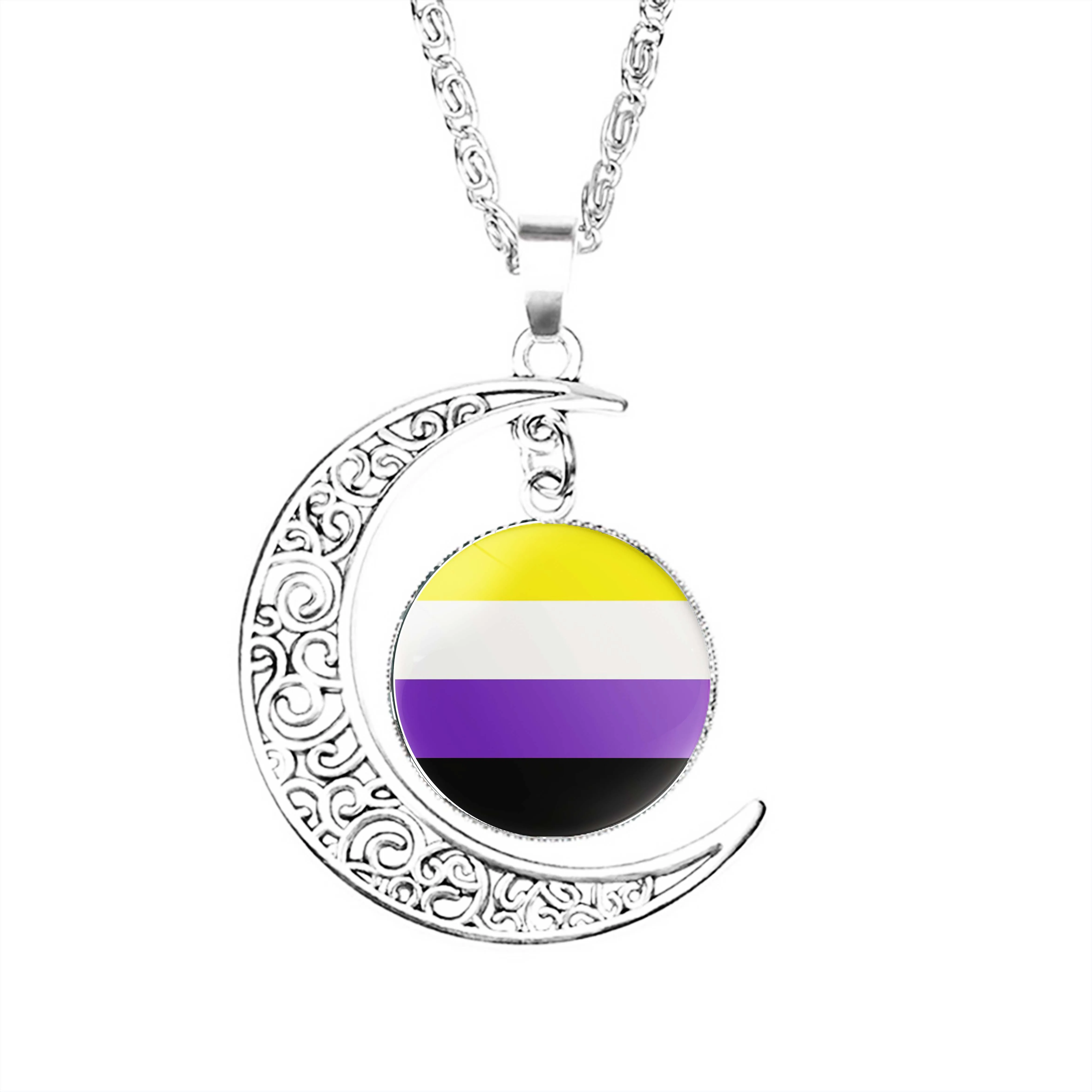 Non-Binary-Pride-Flag-Moon-Necklace-Lovers-Fashion-Jewelry-Dome-Gifts ...