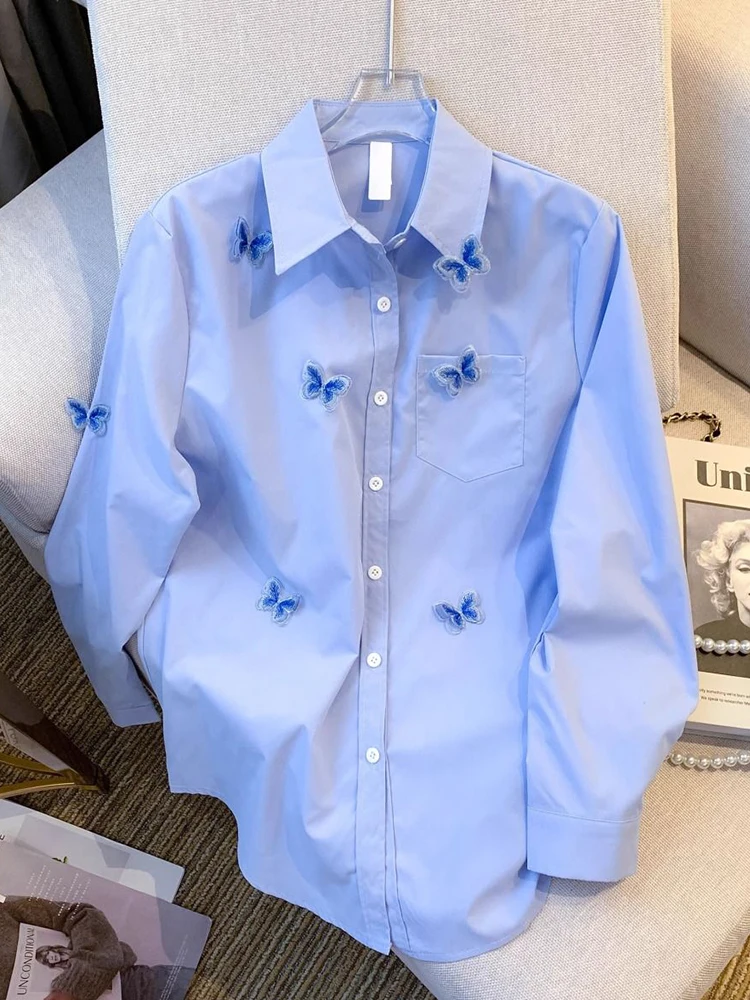 Zoki 3D Bufferfly Retro Shirts Women Loose Casual Korean Blue Blouse ...
