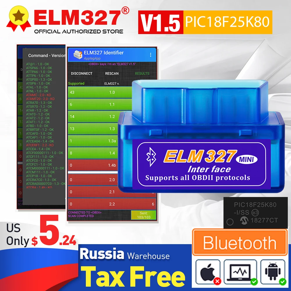 OBD2 Scanner ELM327 V1.5 PIC18F25K80 compatível com Bluetooth ELM 327 V2.1 WIFI Leitor de Código ...