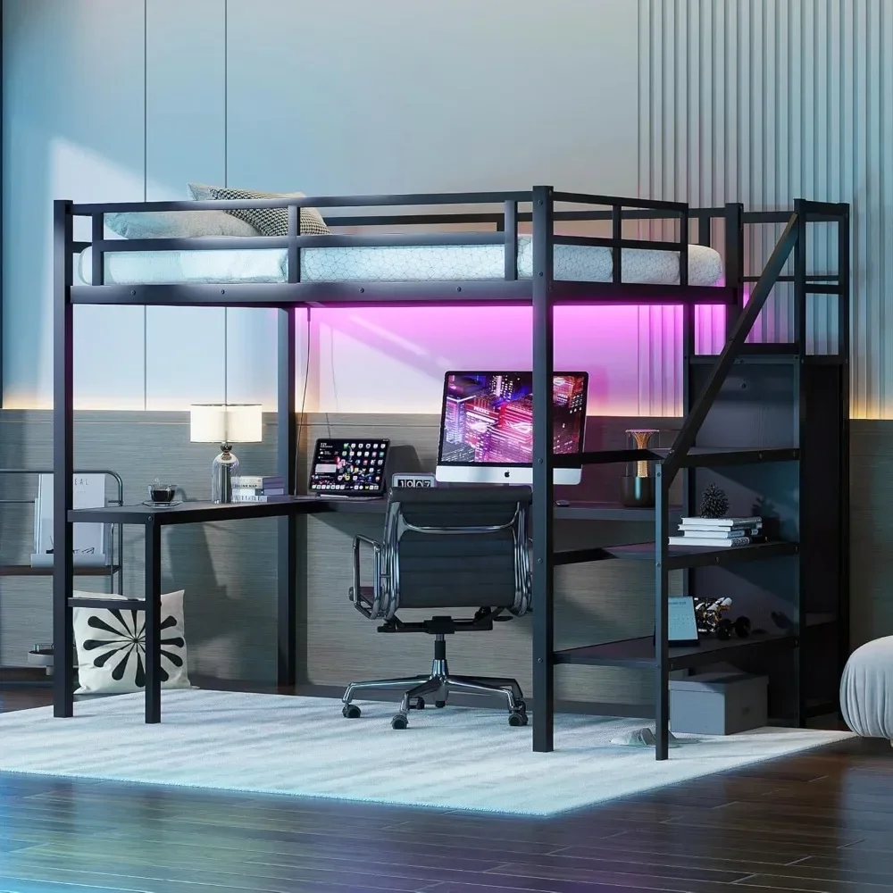 Full-Size-Loft-Bed-with-Stairs-and-Desk-Metal-Gaming-Loft-Bed-with-RGB ...