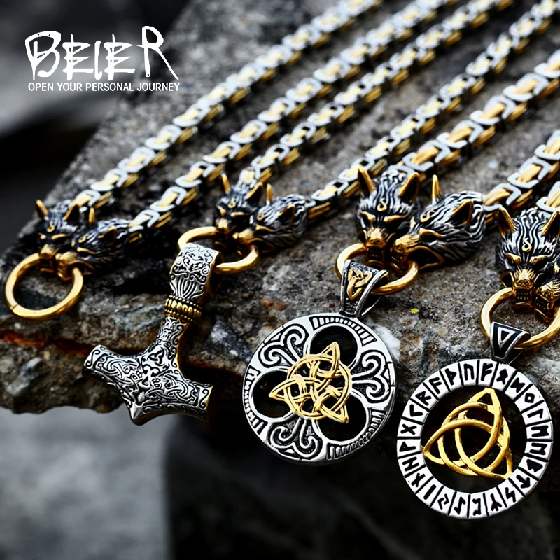BEIER-Men-stainless-steel-part-gold-color-viking-wolf-head-cross-Odin ...