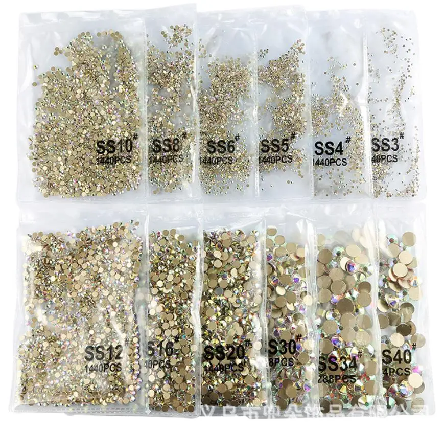 size-s2-ss50-Crystal-AB-clear-Rhinestones-Non-HotFix-Gold-Base-FlatBack ...