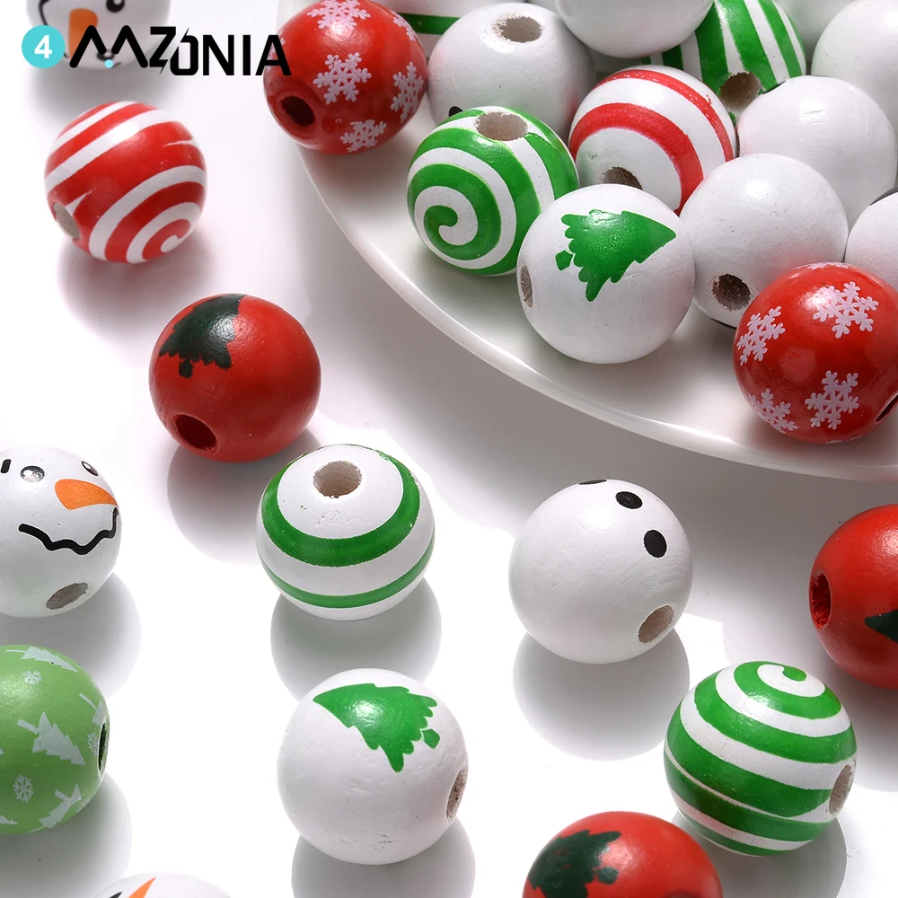 10-20-50pcs-15mm-Christmas-Natural-Wooden-Beads-Round-Snowman-Snowflake ...