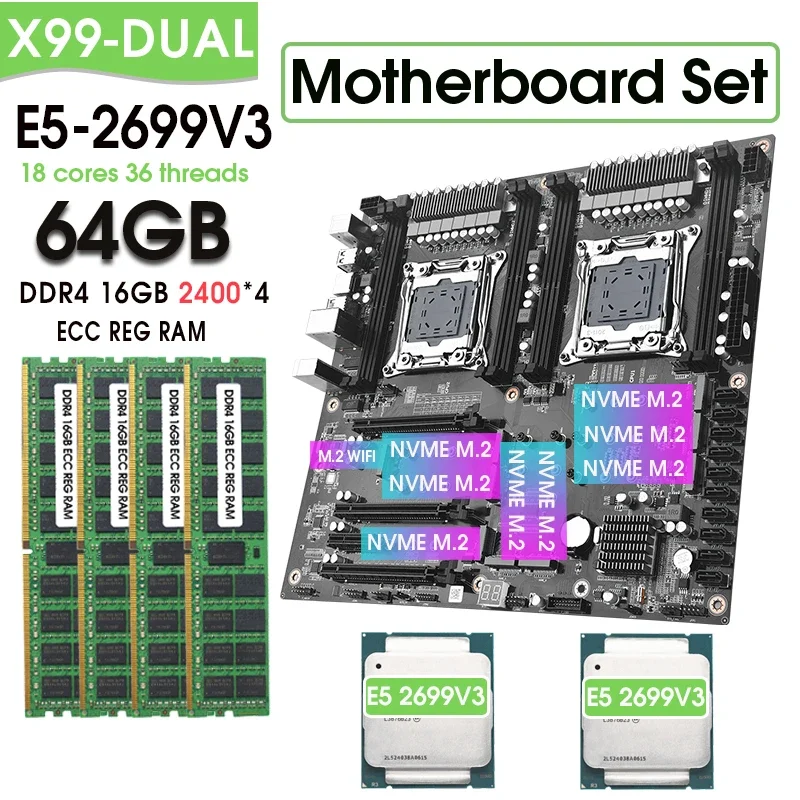 X99 Dual Motherboard Set combo kit with XEON E5 2699 V3*2 and 4*16GB ...