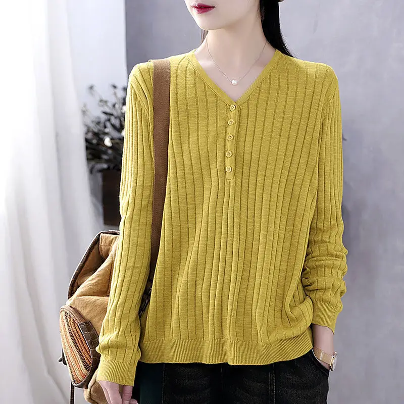 Fashion-V-Neck-Button-Solid-Color-Korean-Sweater-Women-s-Clothing-2022 ...