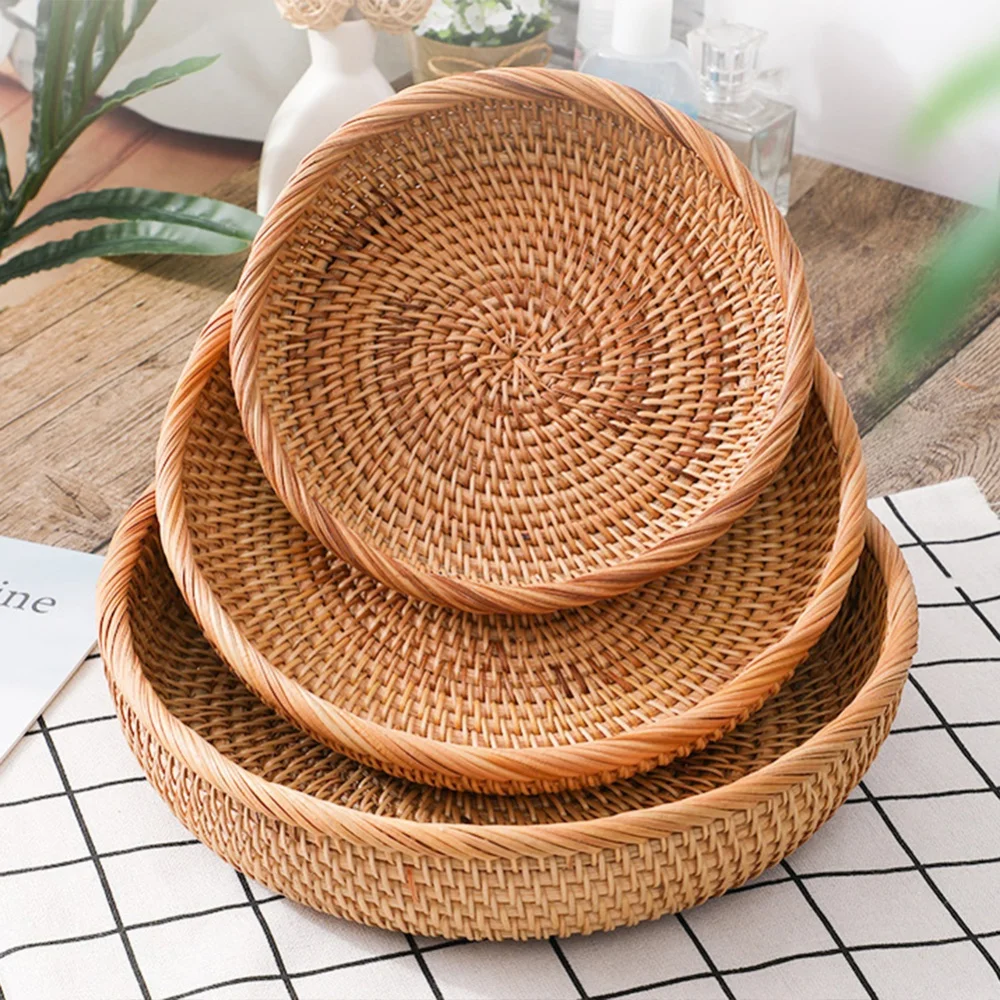 Round-Handwoven-Rattan-Storage-Baskets-Home-Living-Room-Dinner-Table ...