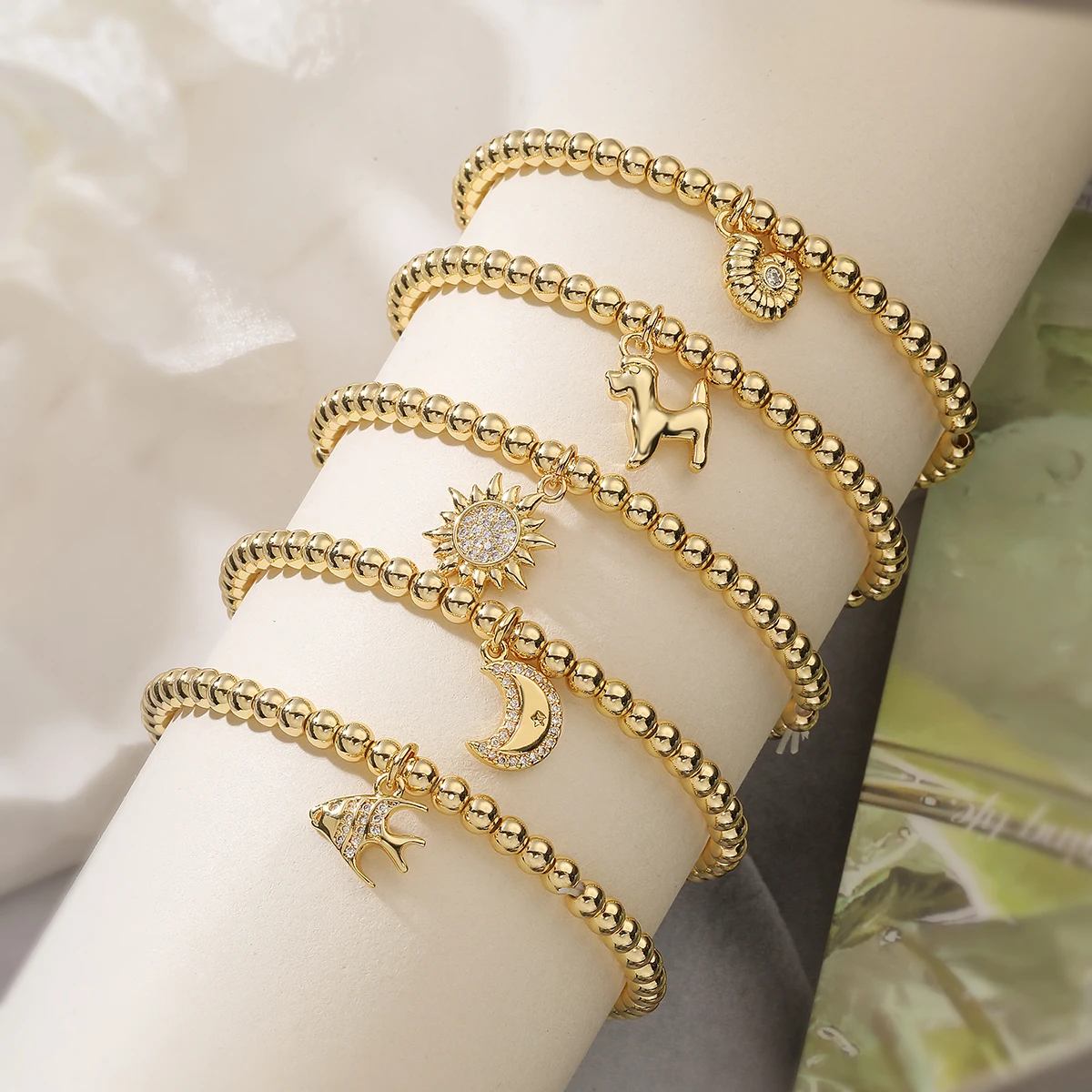NEWBUY Trendy High Polish Gold Color Copper Beads Chain Sun Moon Fish ...