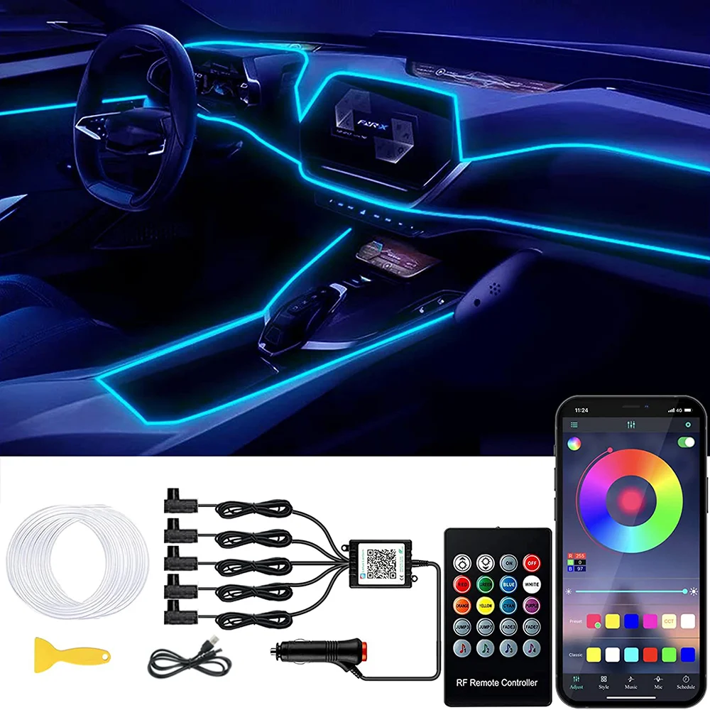 네온 자동 Led 장식 램프 5 인 1 6 인 1 Led 자동차 인테리어 앰비언트 조명 앱 음악 제어 Rgb 광섬유 El