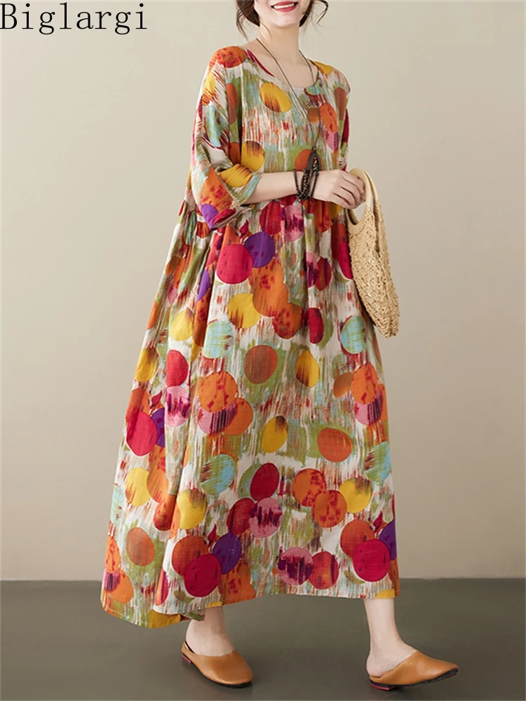 Vestido-holgado-informal-con-estampado-de-lunares-para-mujer-Vestido-largo-de-lino-talla-grande ...