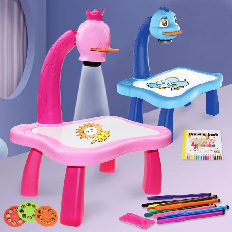 어린이 그림 보드 장난감 어린이 Led 프로젝터 아트 드로잉 테이블 책상 예술 장난감 조기 교육 학습 도구 소녀용 장난감