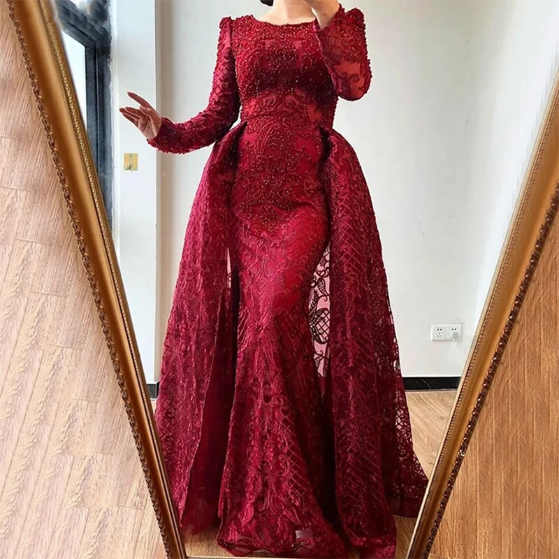 KSDN-Burgundy-Evening-Dress-Long-Sleeve-O-Neck-Sequined-Beading ...