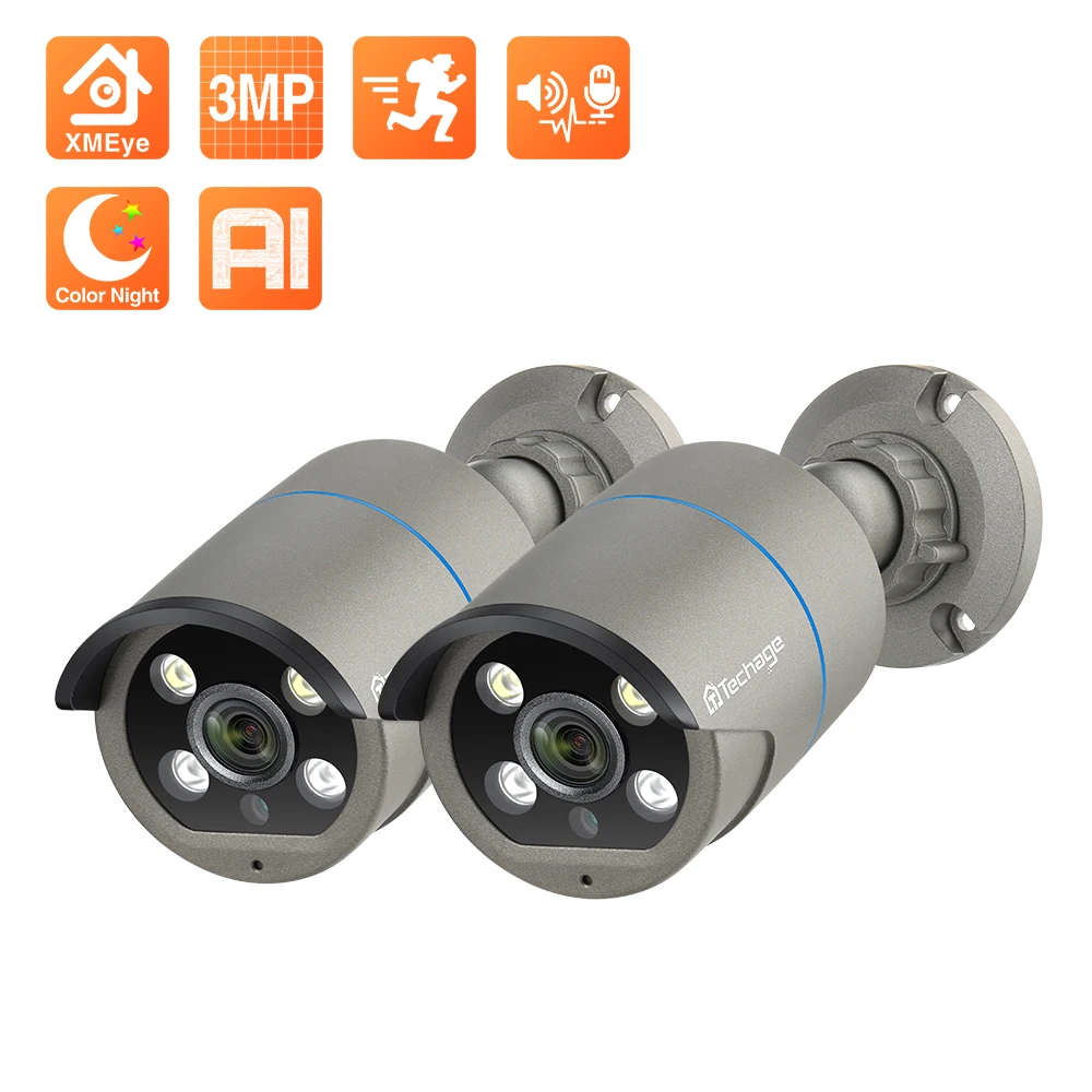 Techage Hd 3mp Ai Poe Ip Camera Two Way Audio Color Night Outdoor ...
