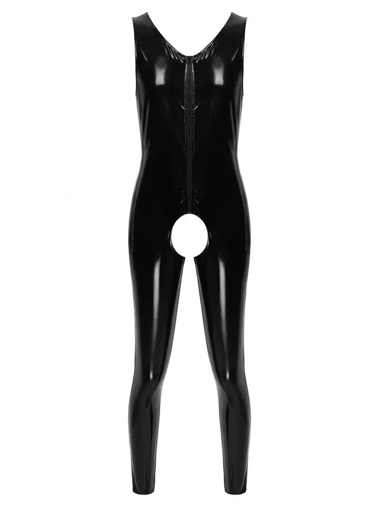 Unisex Sleeveless Wet Look PVC Catsuit Shiny PU Leather Crotchless Open ...