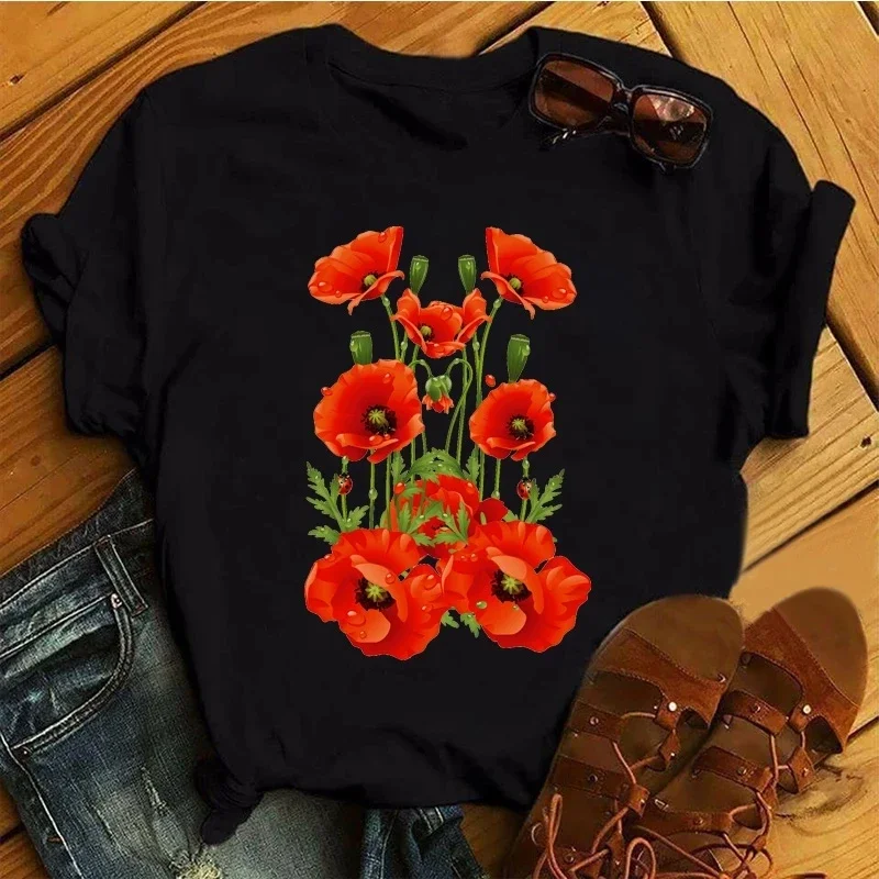 Fashion-Red-Poppy-Women-T-Shirt-Funny-Black-Printed-Tops-Tee-Female ...