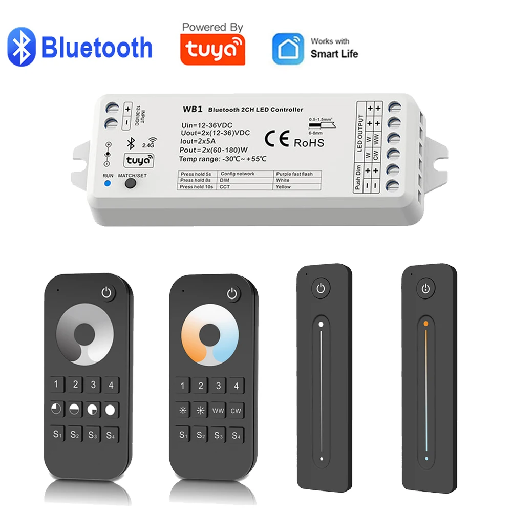 Bluetooth RF 2CH Led Controller DC 12V 24V Dimmer Single Color CCT ...