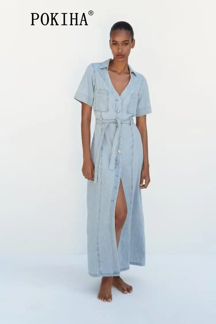 Pokiha-Vestido-Denim-Split-Midi-feminino-com-cinto-bot-o-frontal-bolsos ...