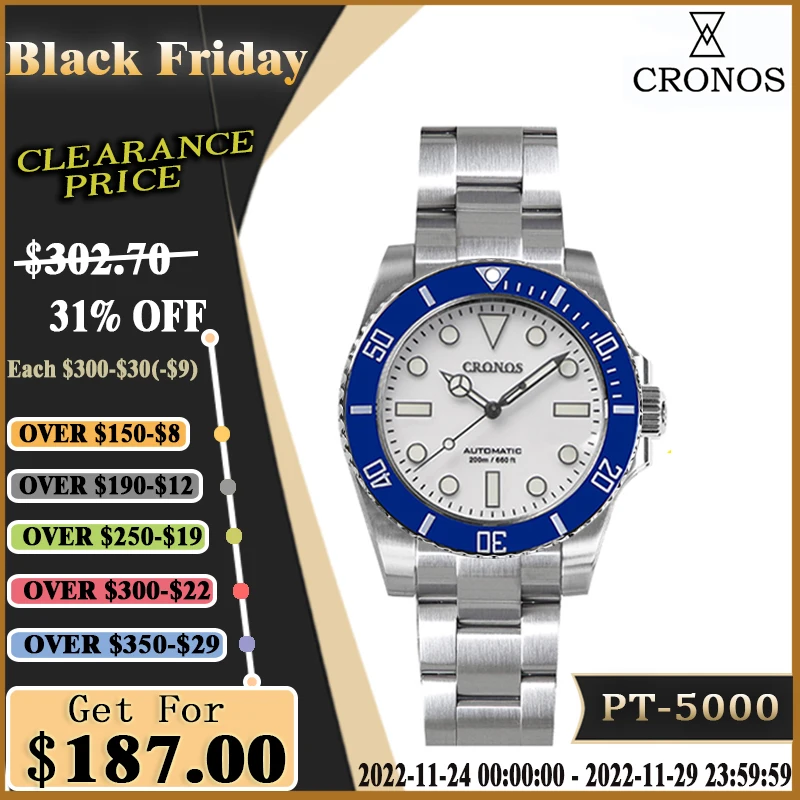 Cronos Sub Diver Men Watch White Dial With Date Pt5000 Ceramic Bezel ...
