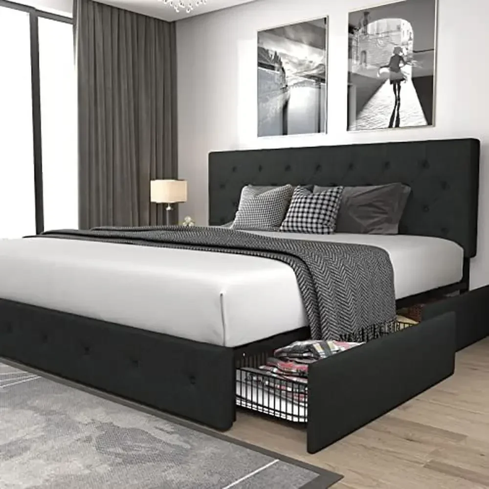 King-Size-Upholstered-Platform-Bed-Frame-with-4-Storage-Drawers-and ...