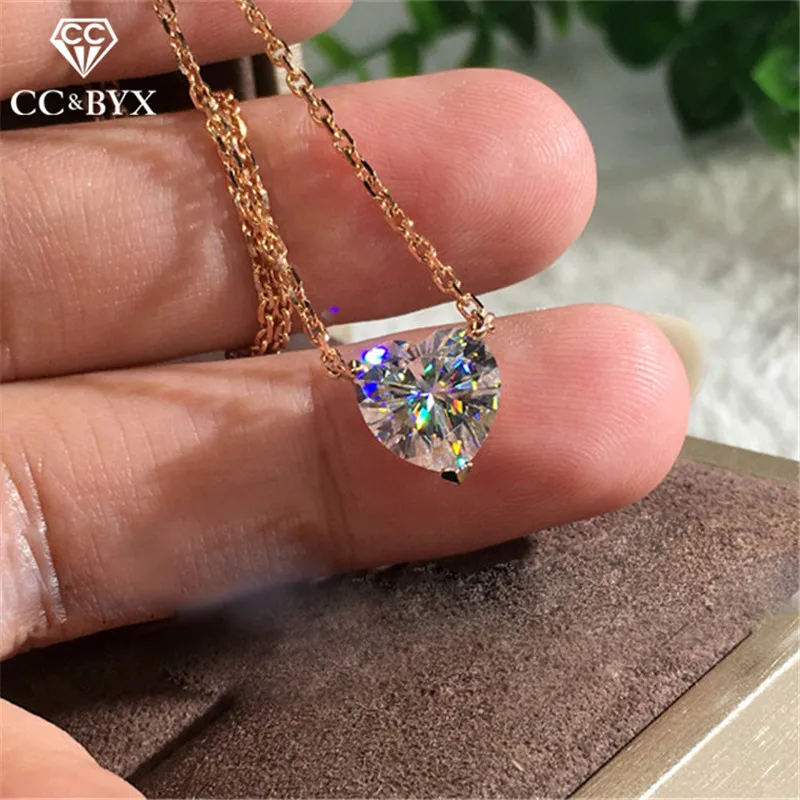 CC Necklaces Pendants For Women Heart 3ct Cubic Zirconia Rose Color Simple Clavicle Chain ...