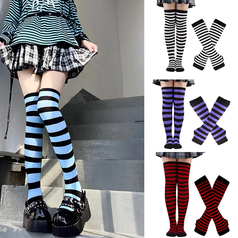 2Pair/set Gothic Punk Over Knee Long Stripe Socks Girl Arm Sleeve ...