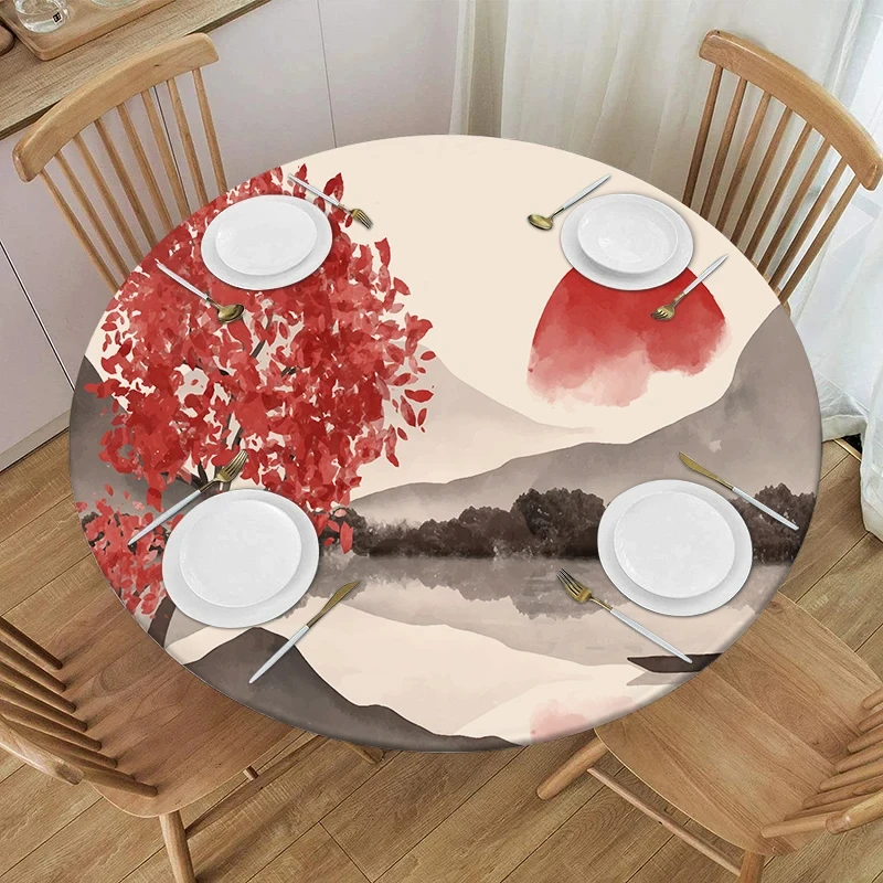 Chinese-Painting-Round-Fitted-Tablecloth-Ink-Landscape-Elastic-Edge ...