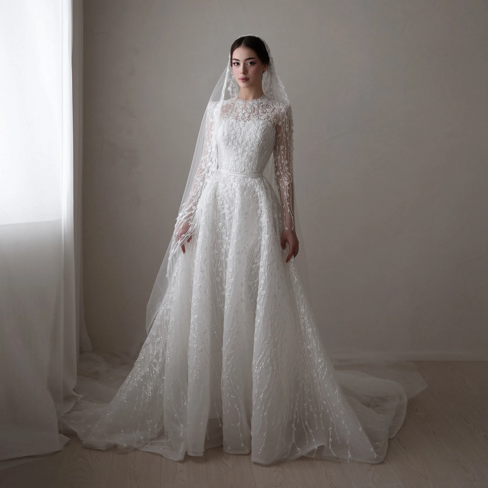 Sharon Said Luxury White Ball Gown Wedding Evening Dresses Long Sleeves ...