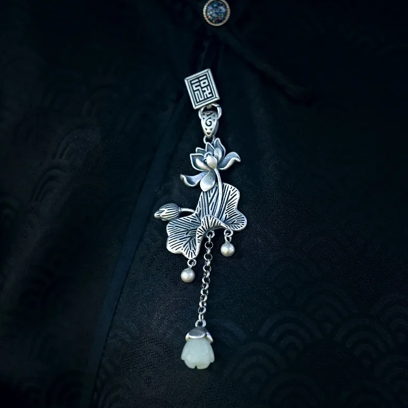 925 silver natural Hotan Jade placket button Classic Chinese style ...