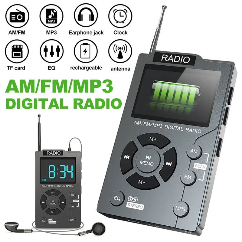 Portable-Mini-Radio-Gray-Plastic-Pocket-AM-FM-Digital-Radio-Receiver-TF ...