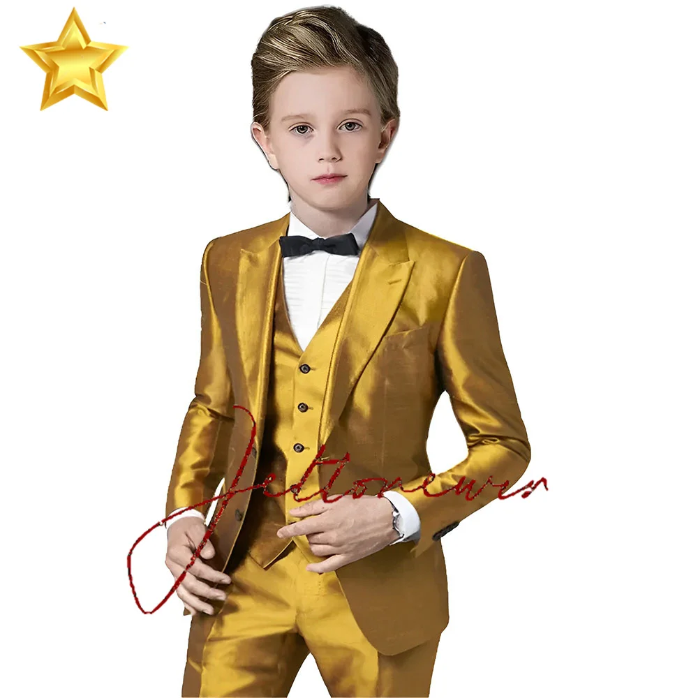 Gold End Face Boys Suit 3 Piece Formal Wedding Kids Tuxedo Childs ...