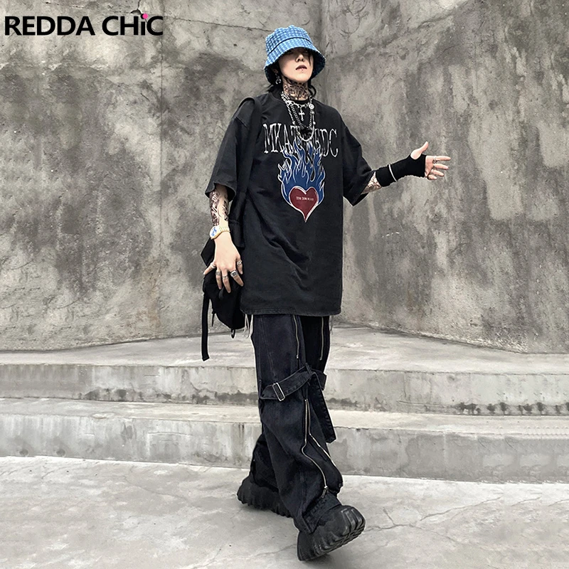 ReddaChic Acubi Fashion Pants Black Men Baggy Jeans with Slit Zipper Two Strips Cyber Y2k Grunge ...