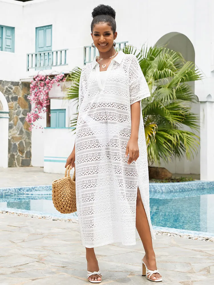 2023 Sexy See Through White Lace Shirt Collar Bikini Cover ups White ...