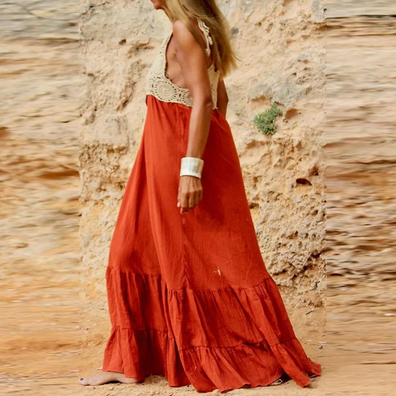 Sexy Halter Neck Boho Sleeveless Top Embroidered Lace Maxi Dress