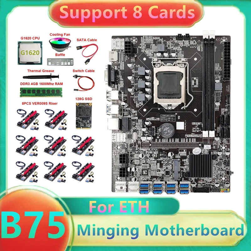 B75 8usb Eth Miner Motherboard+g1620 Cpu+8xver009s Riser Card+ddr3 4gb Ram+128g Ssd+fan+sata ...