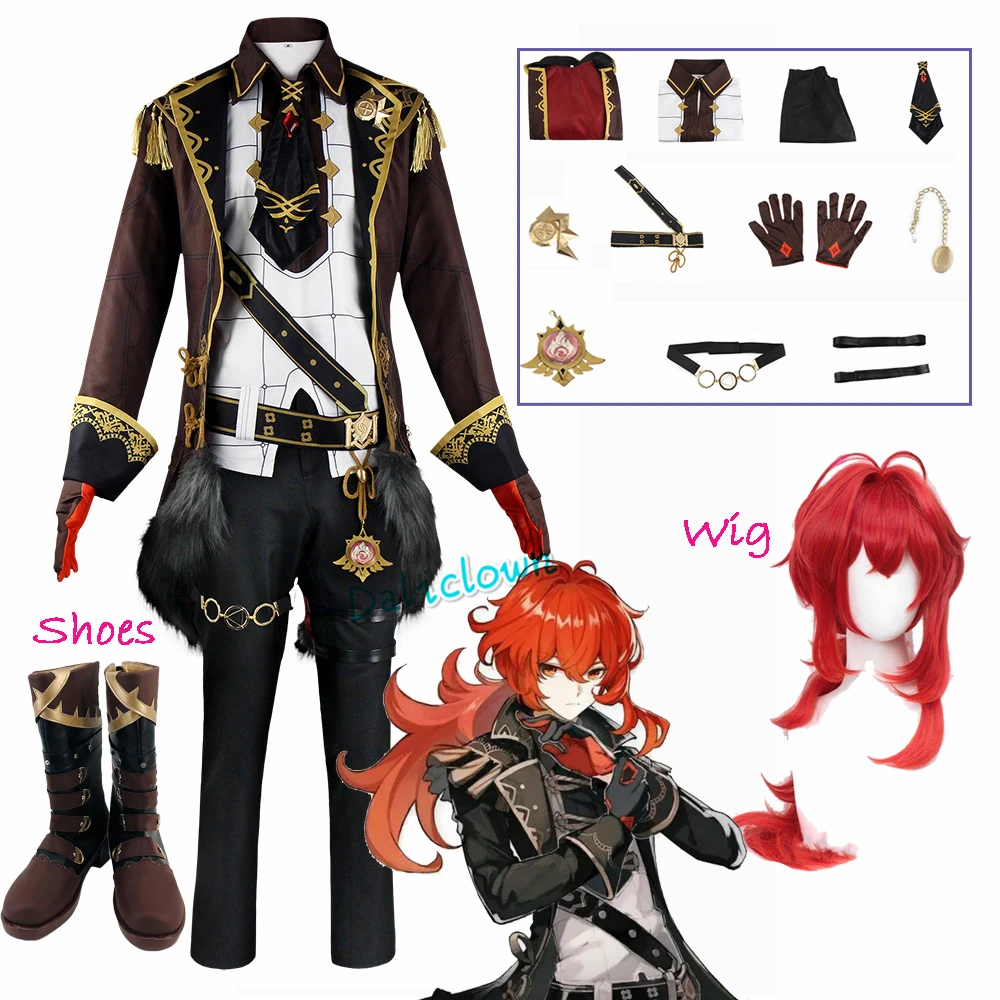 GenshinImpact Diluc Cosplay Costume Uniform Shoes Wig Anime Diluk ...