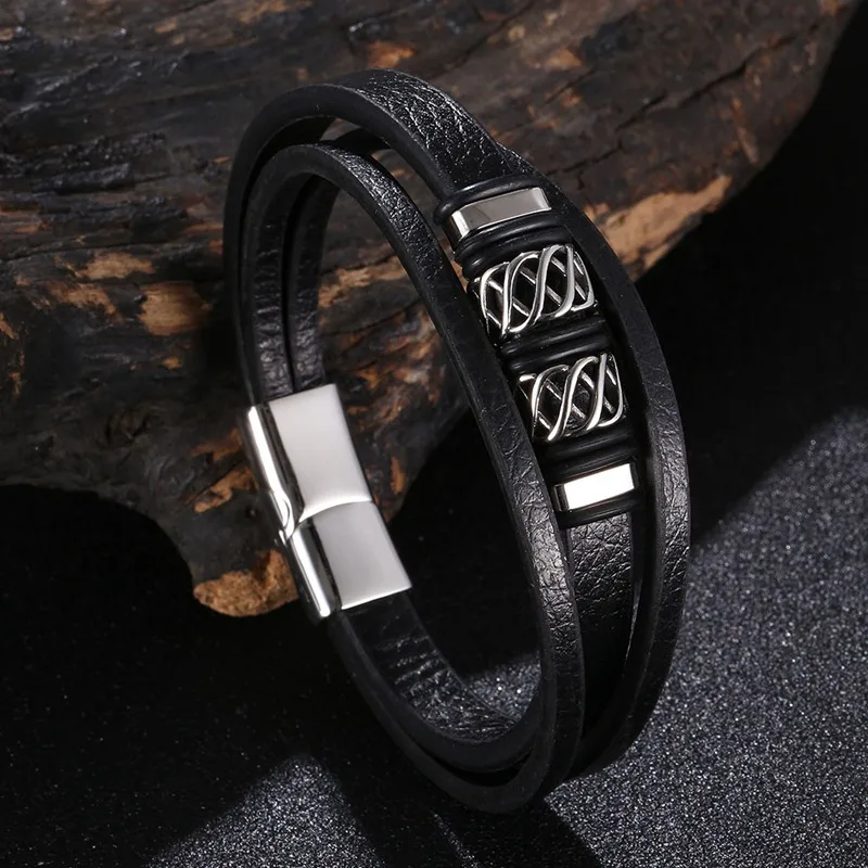 Pulseira de metal de couro multicamadas preto para homens braceletes ...