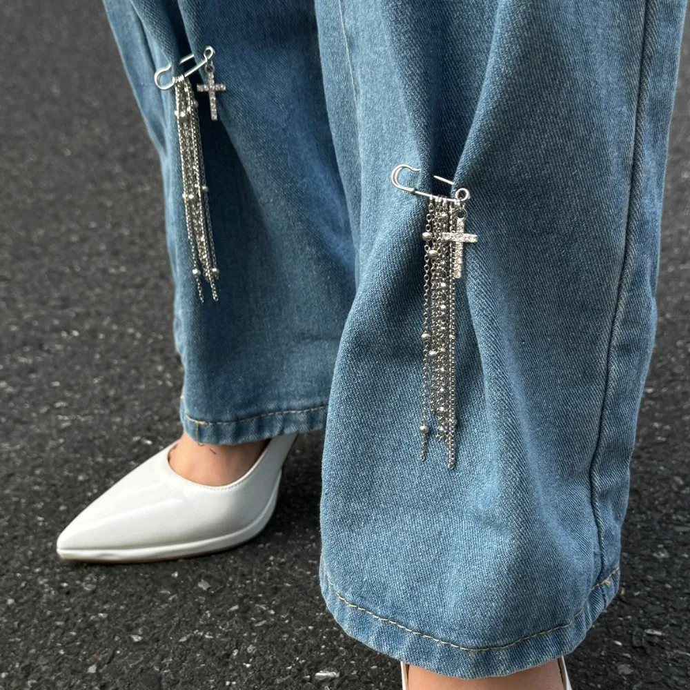 Hip-hop Creative Shiny Rhinestone Cross Tassels Chain Broochs Pin ...