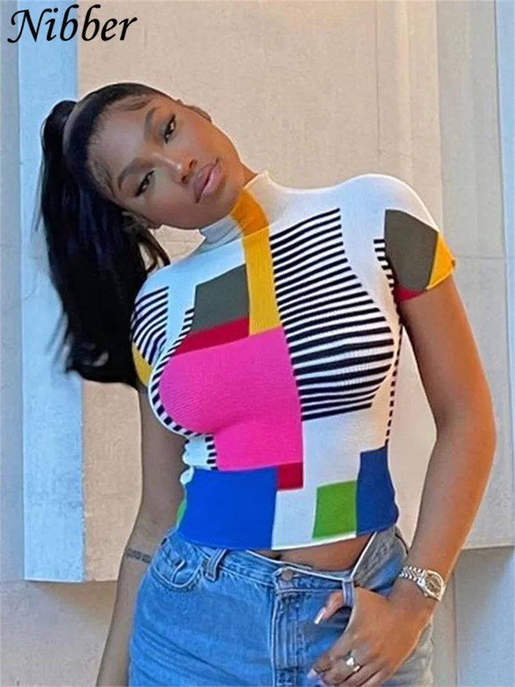 Nibber-topo-senhoras-retalhos-impresso-meia-gola-alta-mangas-curtas ...