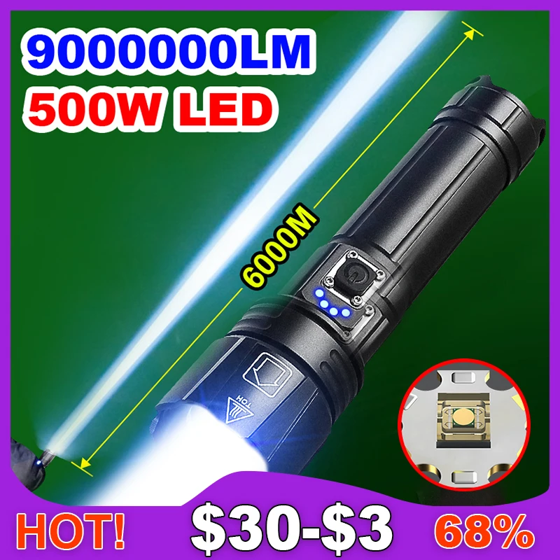 9000000lm Most Powerful Led Flashlight 500w Usb Rechargeable Torch ...