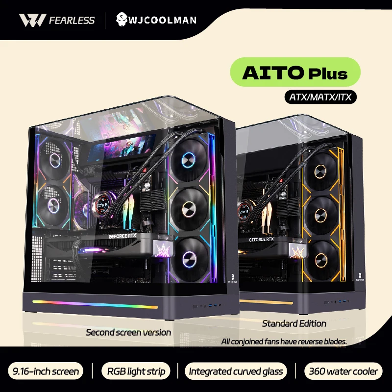 WJCOOLMAN AITO Plus ATX PC 케이스 9.16인치 소프트웨어 화면 RGB 라이트 스트립 360 수냉 쿨러 곡면 ...