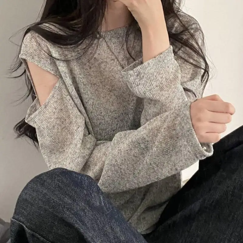 한국 시크 프렌치 스타일 맞춤형 오프숄더 디자인 센스 틈새 캐주얼 루즈 긴팔 티셔츠 여성용 보터밍 패션 상의