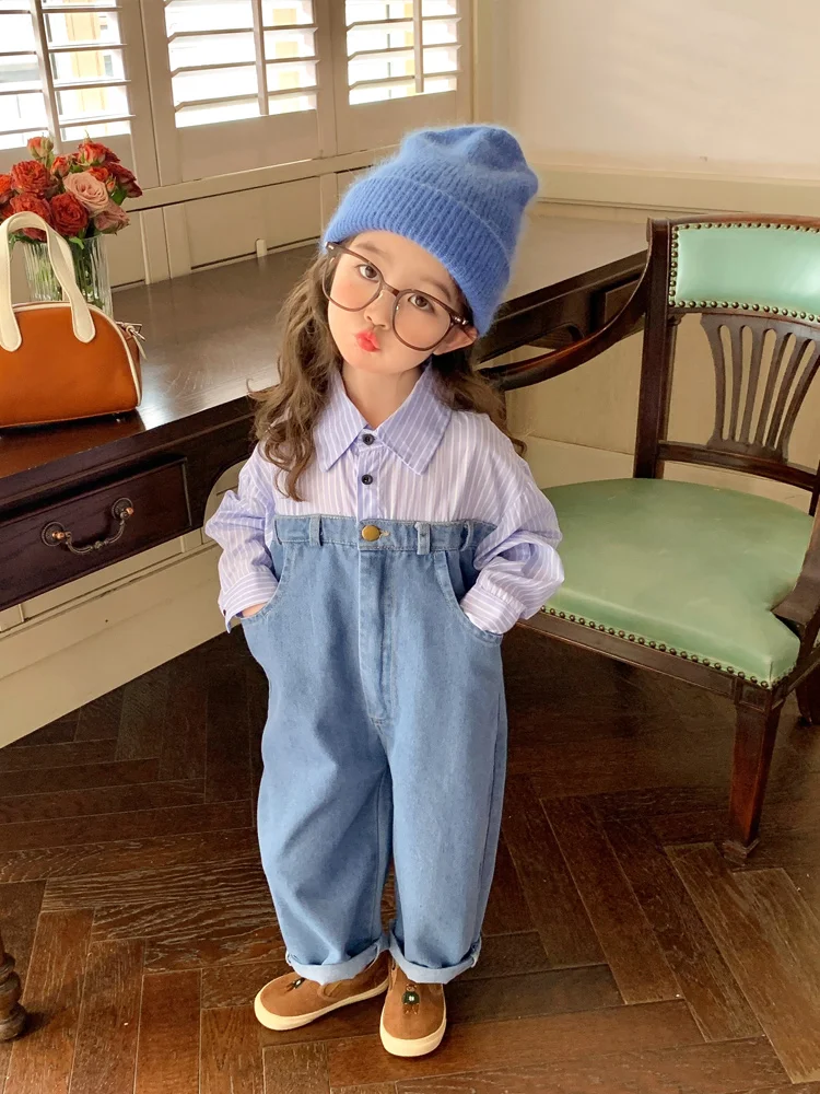 Mono-de-mezclilla-para-ni-os-y-ni-as-camisa-a-rayas-de-manga-larga ...