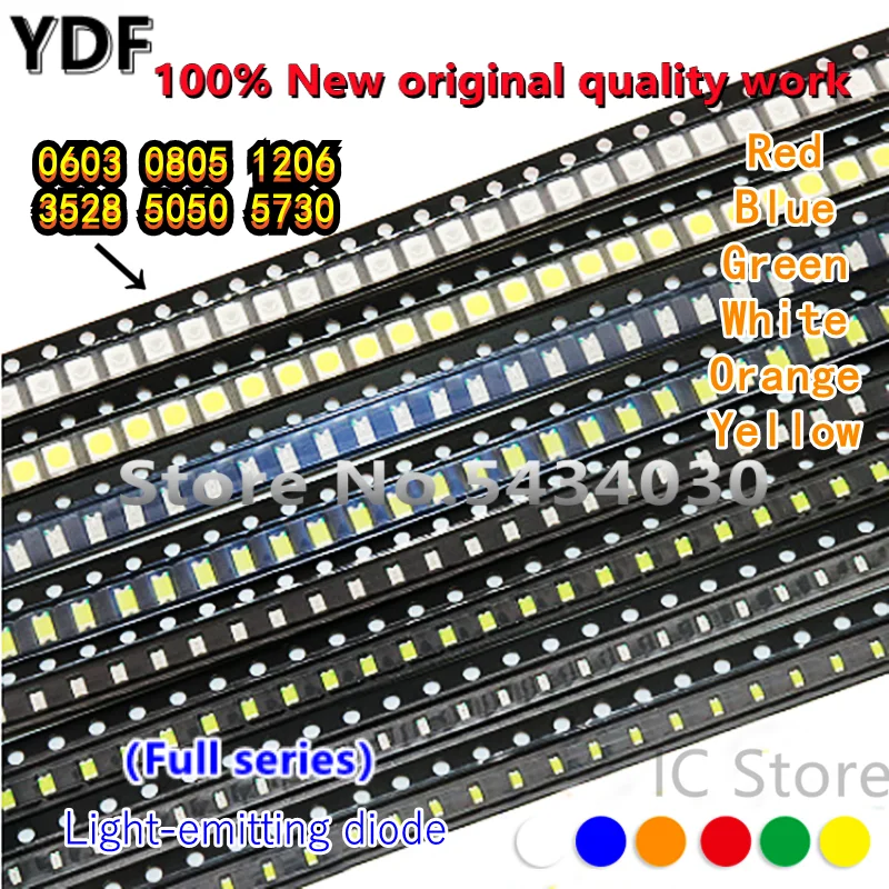 (100pcs) 0603 0805 1206 3528 5050 5730 SMD Red Yellow Green White Blue ...