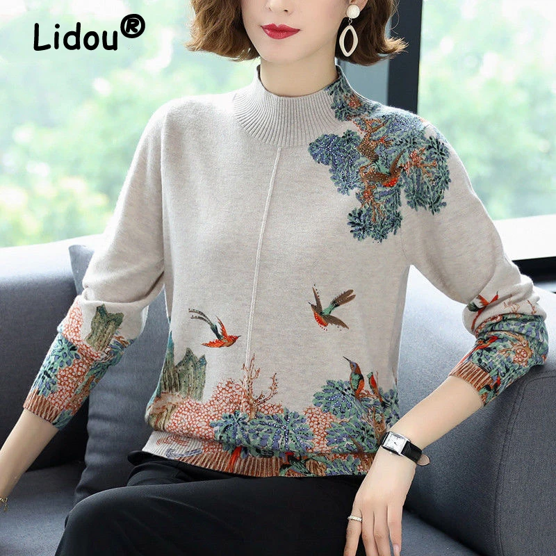 Women-Vintage-Chinese-Style-Print-Half-High-Collar-Elegant-Knitted ...