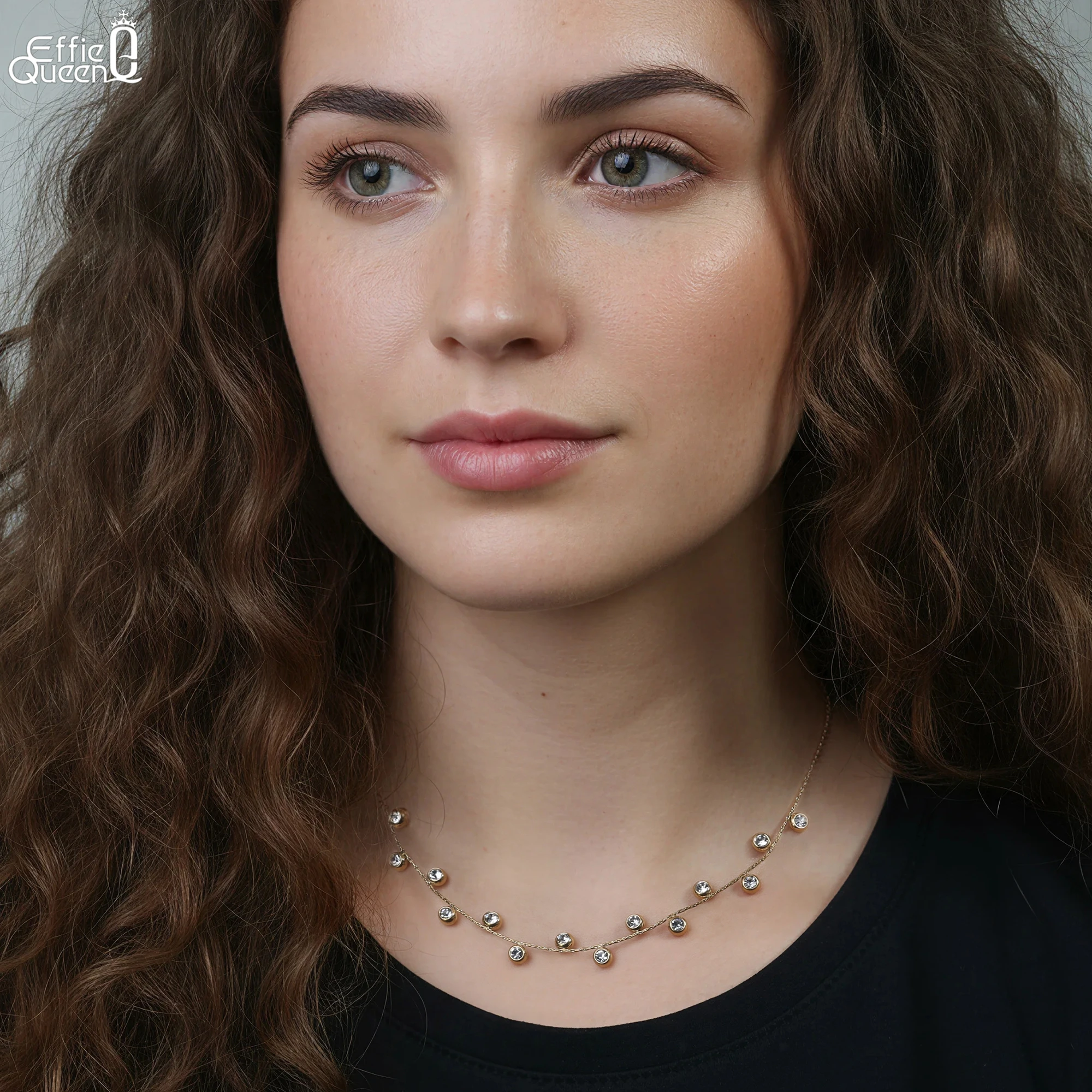 EFFIE QUEEN Stainless Steel 18k Gold Round Cut Zirconia Chain Choker ...