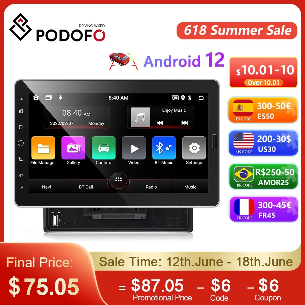 Podofo Android 12 1Din Car Radio 10.1 Inch Multimedia Video Player RDS ...