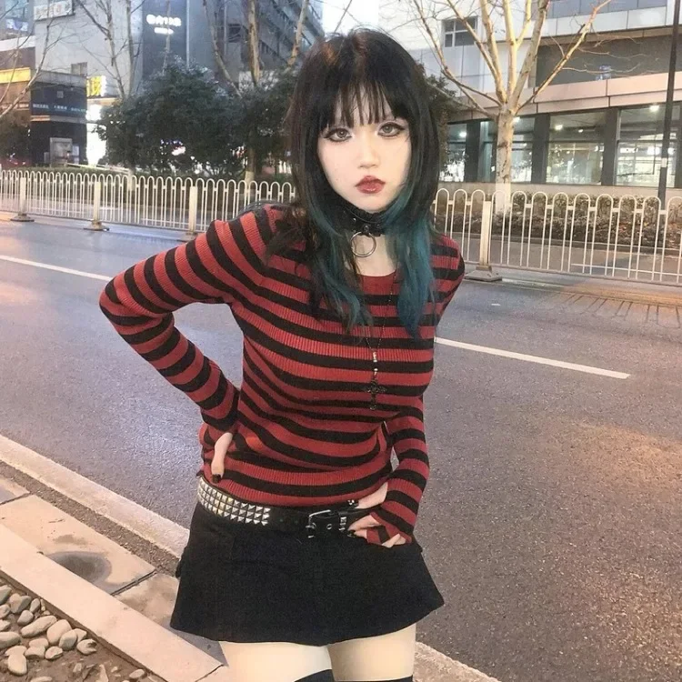 Red-Striped-Pullovers-Gothic-Y2k-Clothes-Emo-Girls-Long-Sleeve ...
