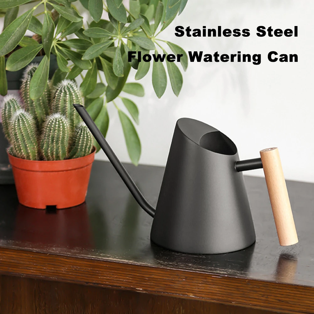 Stainless-Steel-Flower-Watering-Can-With-Long-Spout-900ML-Wood-Handle ...